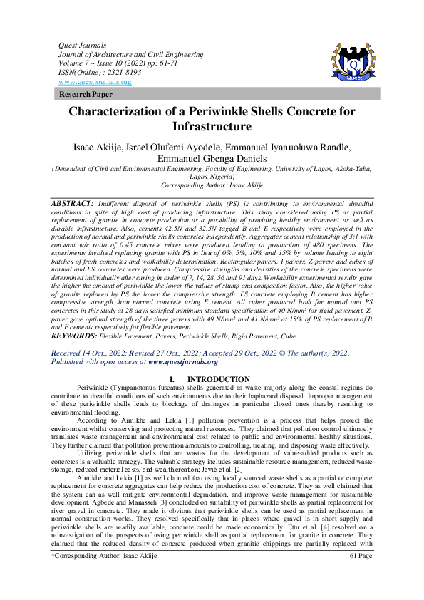 (PDF) Characterization of a Periwinkle Shells Concrete for Infrastructure