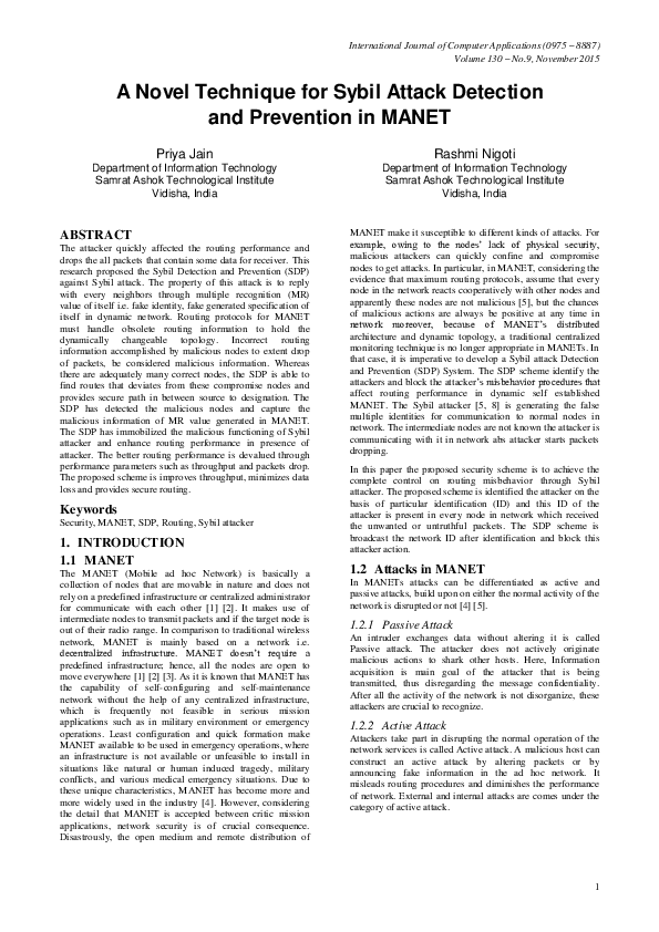 (PDF) A Novel Technique for Sybil Attack Detection and Prevention in MANET