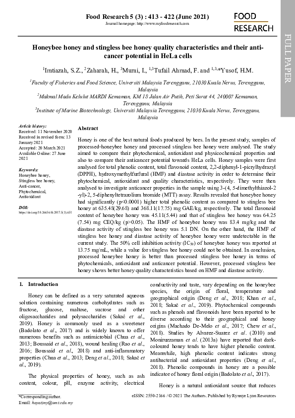 (PDF) Honeybee honey and stingless bee honey quality characteristics and their anticancer ...