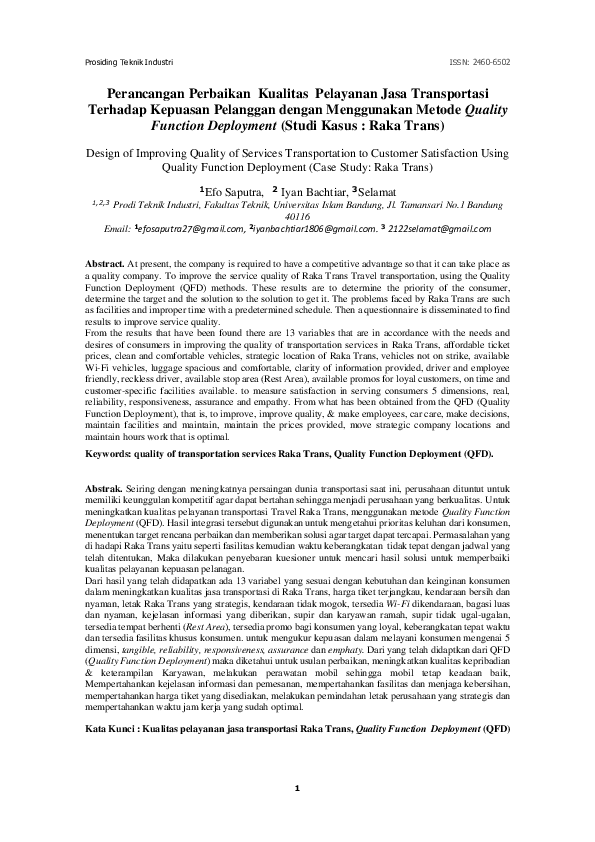 (PDF) Perancangan Perbaikan Kualitas Pelayanan Jasa Transportasi Terhadap Kepuasan Pelanggan ...
