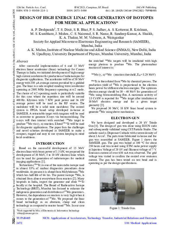 (PDF) Design of High Energy Linac for Generation of Isotopes for ...