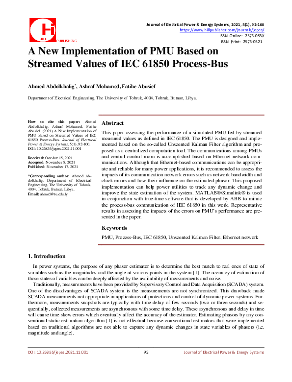 (PDF) A New Implementation of PMU Based on Streamed Values of IEC 61850 Process-Bus