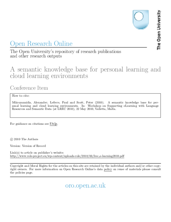 Pdf A Semantic Knowledge Base For Personal Learning And Cloud Learning Environments