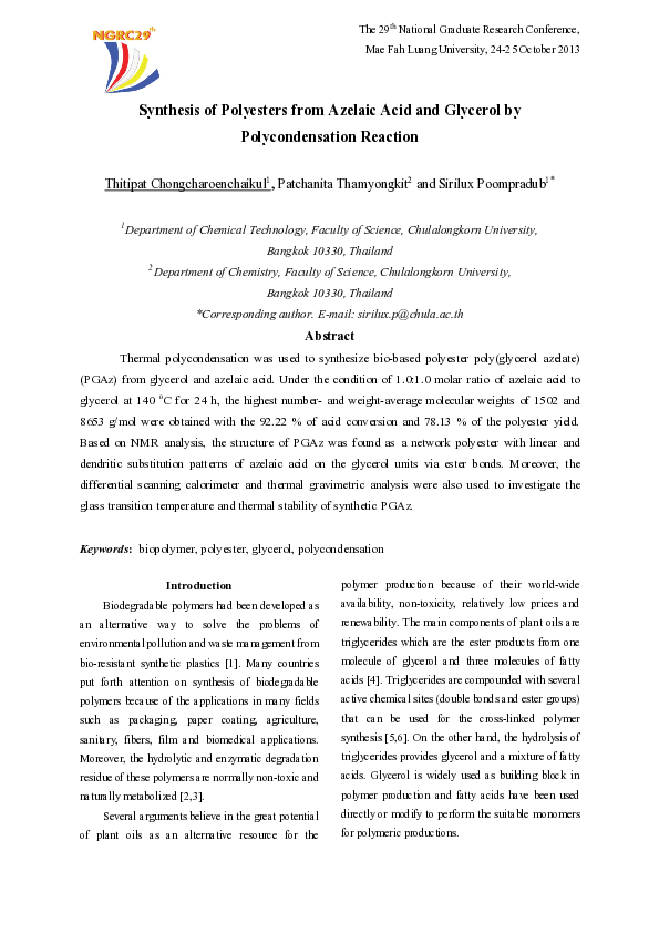 (PDF) Synthesis of Polyesters from Azelaic Acid and Glycerol by Polycondensation Reaction