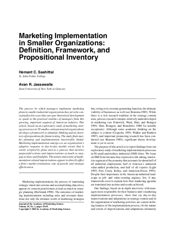 (PDF) Marketing Implementation in Smaller Organizations: Definition, Framework, and ...
