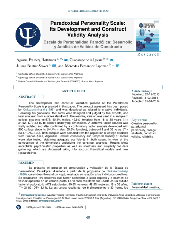 (PDF) Paradoxical personality scale: its development and construct validity analysis | Guadalupe ...