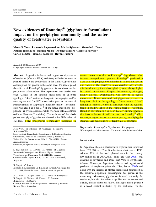 (PDF) New evidences of Roundup® (glyphosate formulation) impact on the periphyton community and ...