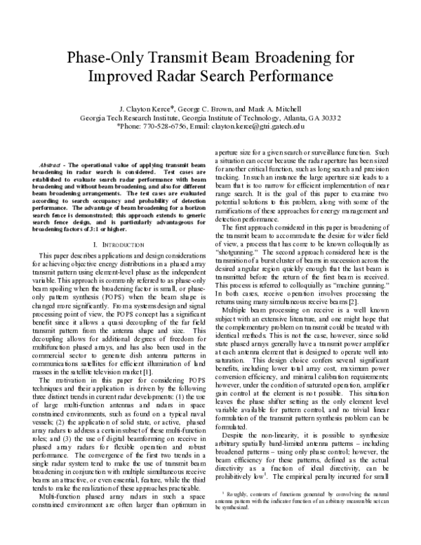 Pdf Phase Only Transmit Beam Broadening For Improved Radar Search