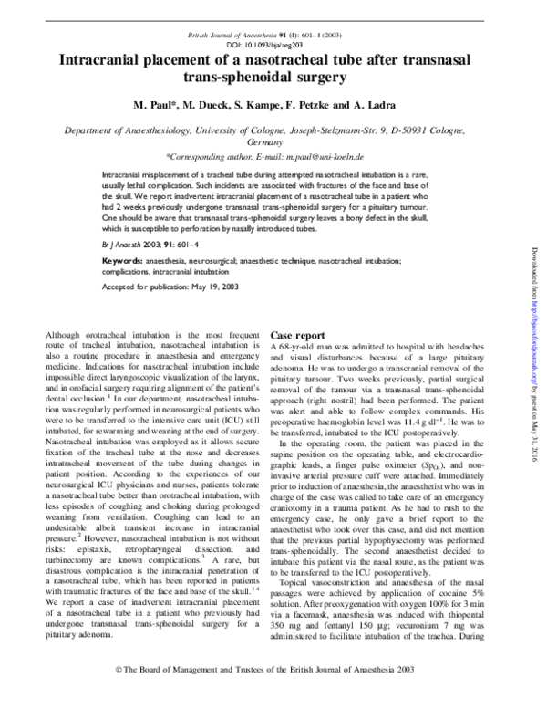 (PDF) Intracranial placement of a nasotracheal tube after transnasal ...