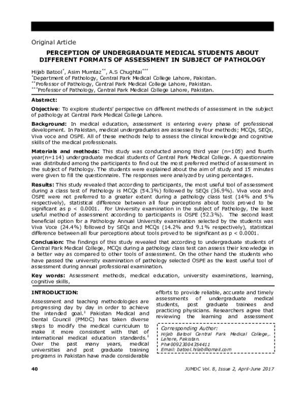 (PDF) Perception of Undergraduate Medical Students About Different Formats of Assessment in ...