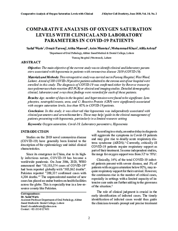 Pdf Comparative Analysis Of Oxygen Saturation Levels With Clinical And Laboratory Parameters
