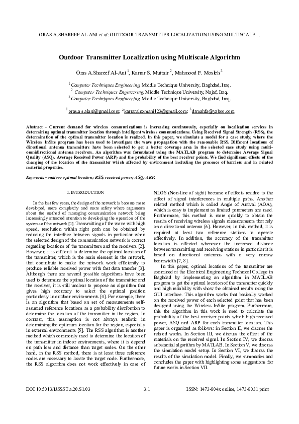 (PDF) Outdoor Transmitter Localization Using Multiscale Algorithm | Oras Al-ani and Karrar ...