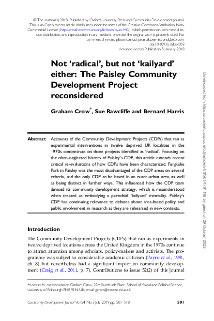 (PDF) Not ‘radical’, but not ‘kailyard’ either: The Paisley Community Development Project ...