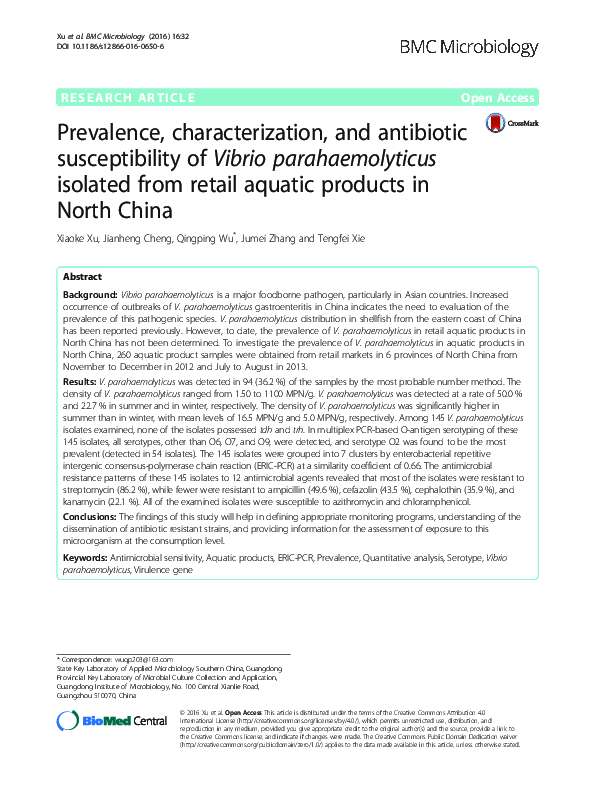 (PDF) Prevalence, characterization, and antibiotic susceptibility of Vibrio parahaemolyticus ...