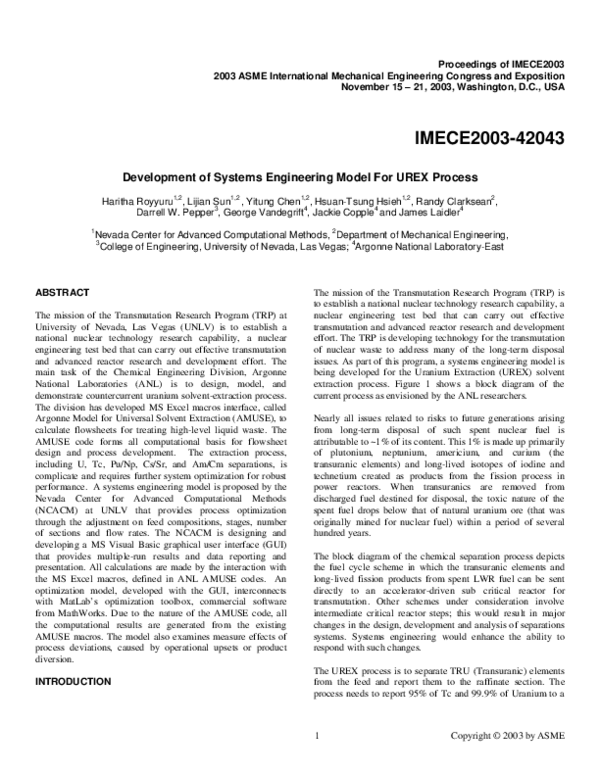 (PDF) Development of Systems Engineering Model for UREX Process