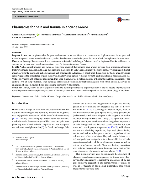(PDF) Pharmacies for pain and trauma in ancient Greece