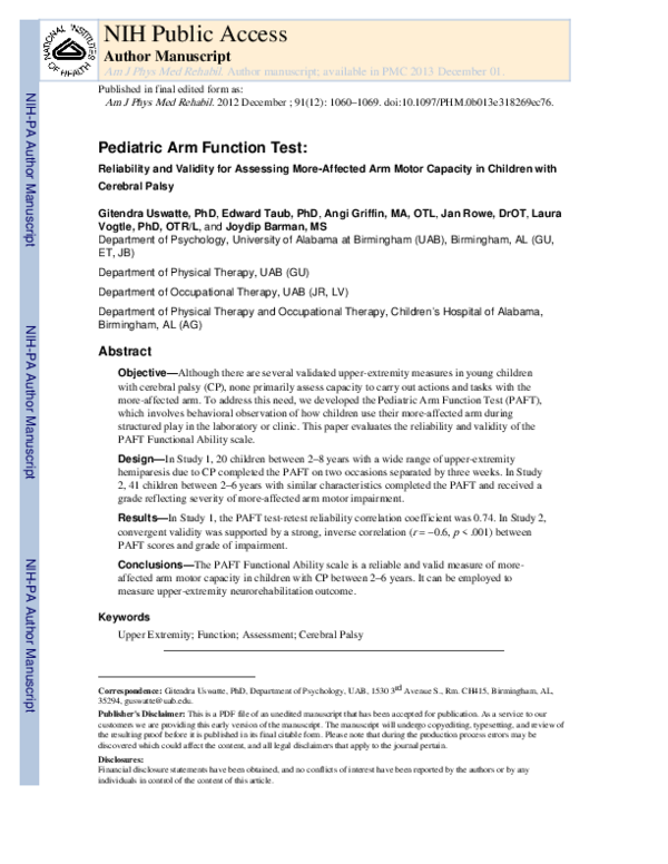 (PDF) Pediatric Arm Function Test