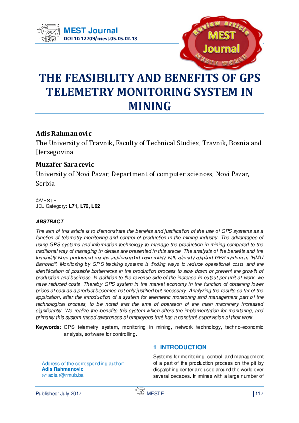(PDF) The Feasibility and Benefits of GPS Telemetry Monitoring System in Mining