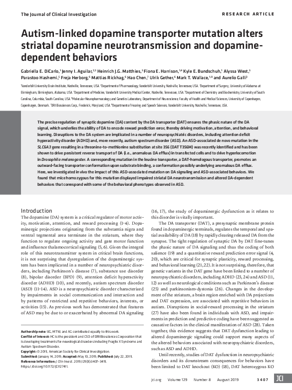 (PDF) Autism-linked dopamine transporter mutation alters striatal ...