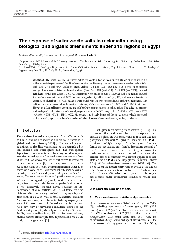 (PDF) The response of saline-sodic soils to reclamation using ...