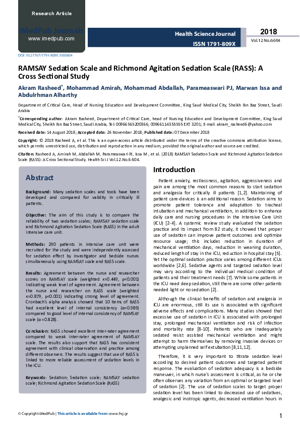 Pdf Ramsay Sedation Scale And Richmond Agitation Sedation Scale Rass