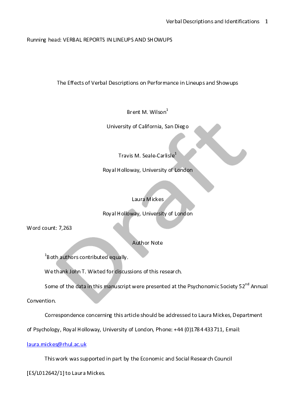 The Effects of Verbal Descriptions on Performance in Lineups and Showups