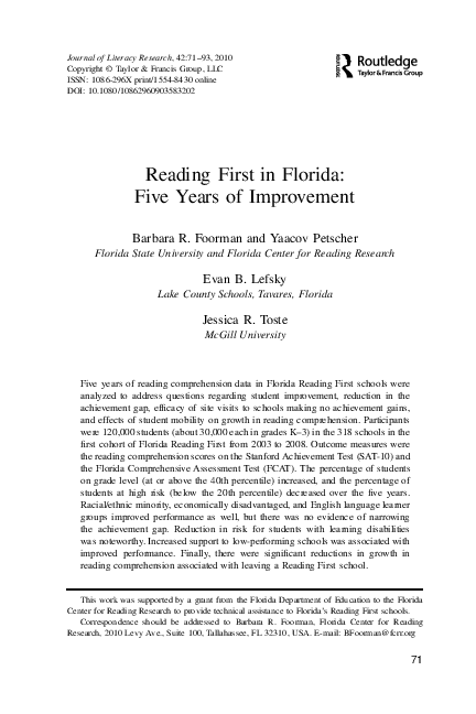 (PDF) Reading First in Florida: Five Years of Improvement | Jessica ...