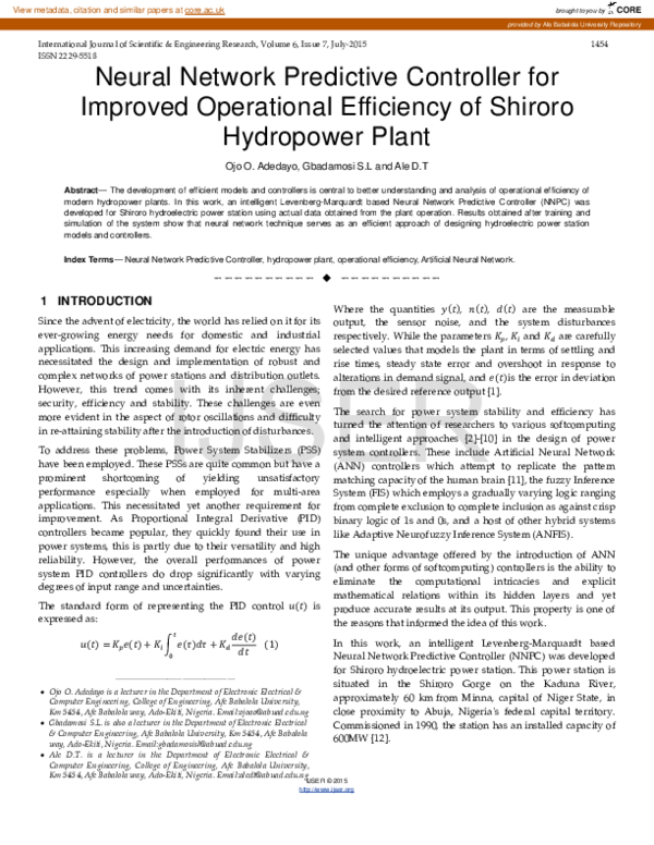 (PDF) Neural Network Predictive Controller for Improved Operational Efficiency of Shiroro ...