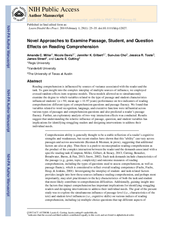 (PDF) Novel Approaches to Examine Passage, Student, and Question Effects on Reading Comprehension