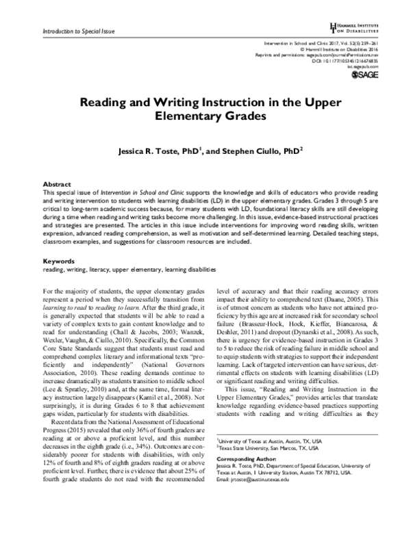 (PDF) Reading and Writing Instruction in the Upper Elementary Grades