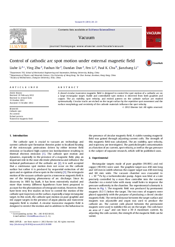 (PDF) Control of cathodic arc spot motion under external magnetic field