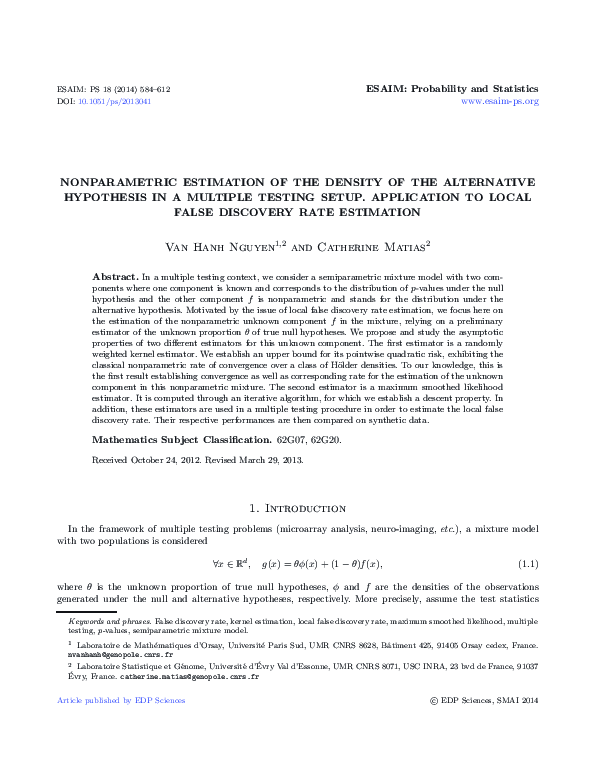 Pdf Nonparametric Estimation Of The Density Of The Alternative