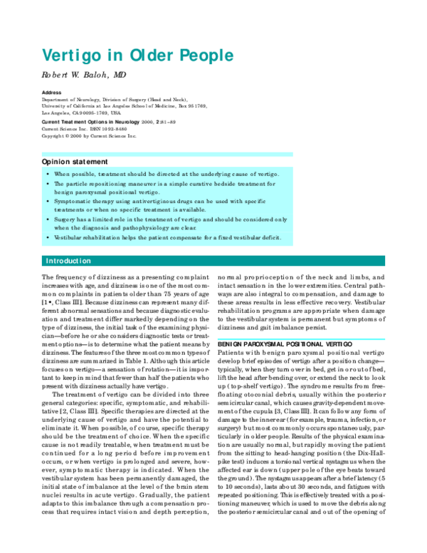 (PDF) Vertigo in older people | Robert Baloh - Academia.edu
