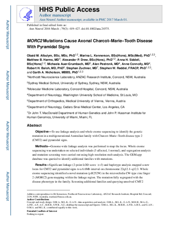 (PDF) MORC2mutations cause axonal Charcot-Marie-Tooth disease with ...