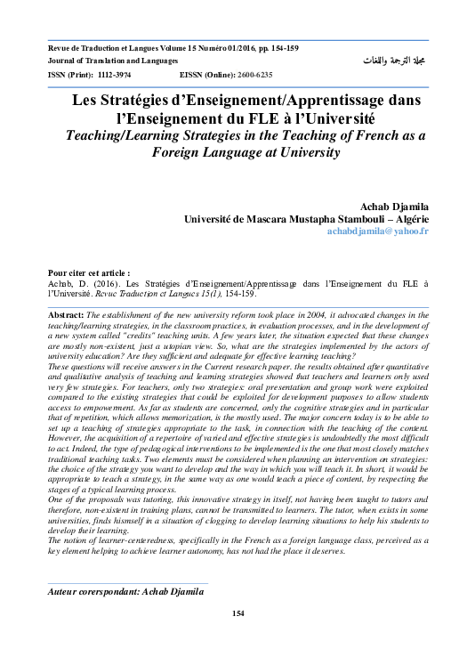 (PDF) Les Stratégies d'Enseignement/Apprentissage dans l'Enseignement ...