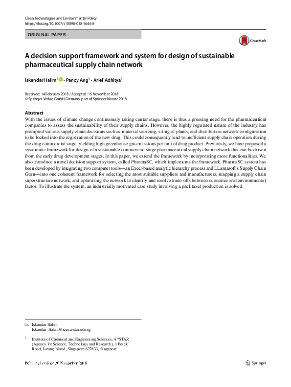 (PDF) A decision support framework and system for design of sustainable pharmaceutical supply ...