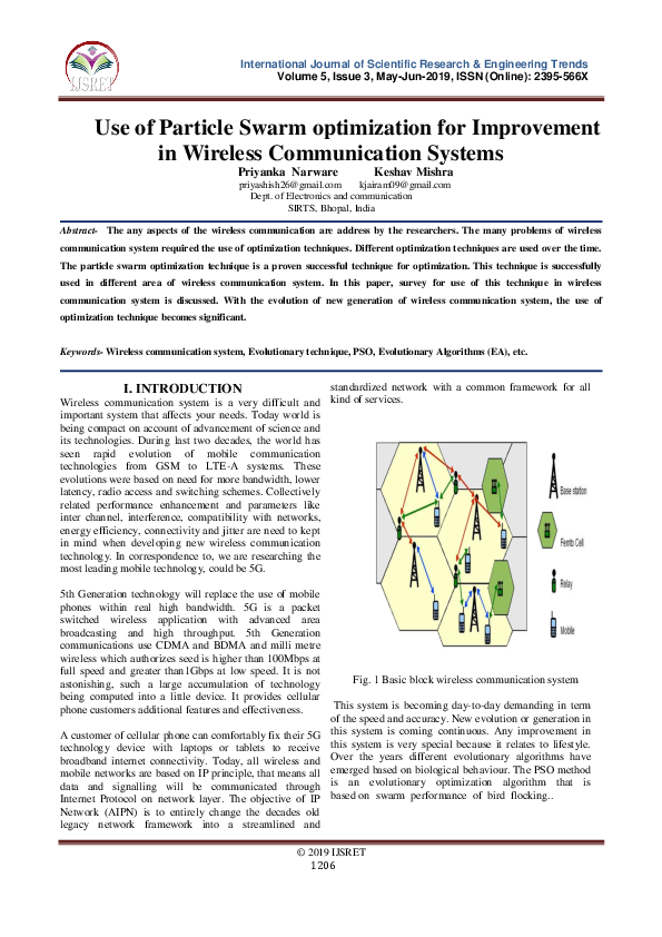 (PDF) Use of Particle Swarm optimization for Improvement in Wireless Communication Systems