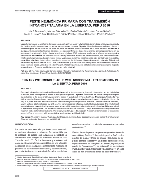 (PDF) Peste neumónica primaria con transmisión intrahospitalaria en La ...