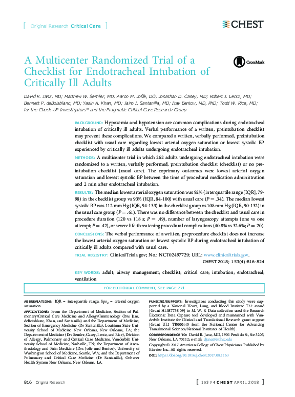 (PDF) A multicenter, randomized trial of a checklist for endotracheal ...