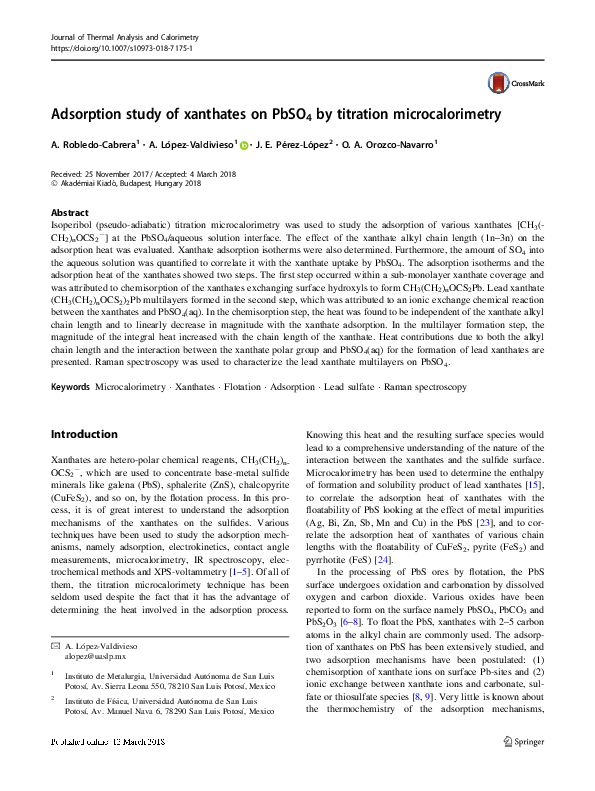 (PDF) Adsorption study of xanthates on PbSO4 by titration microcalorimetry