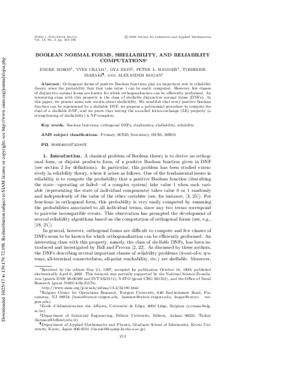 Pdf Boolean Normal Forms Shellability And Reliability Computations