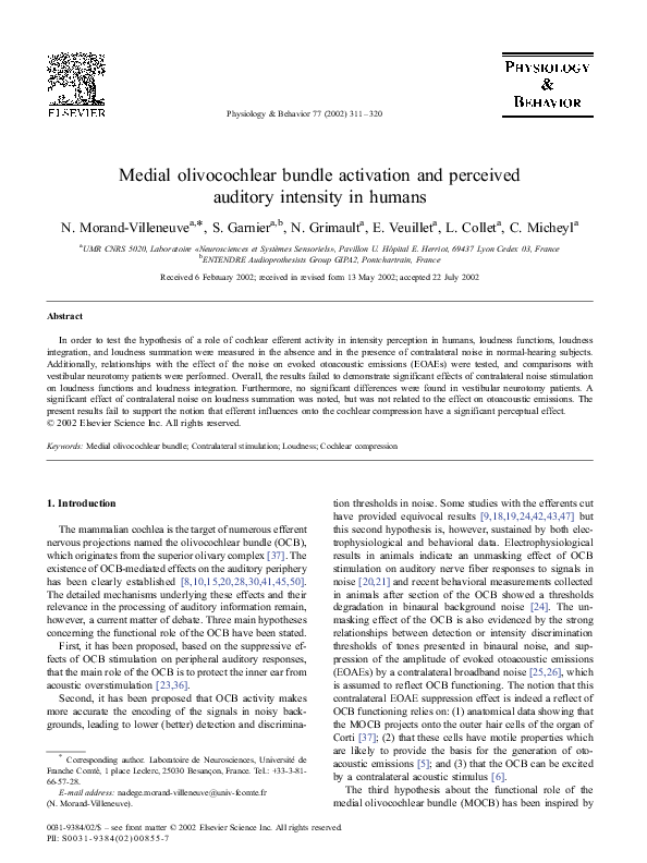 (PDF) Medial olivocochlear bundle activation and perceived auditory ...