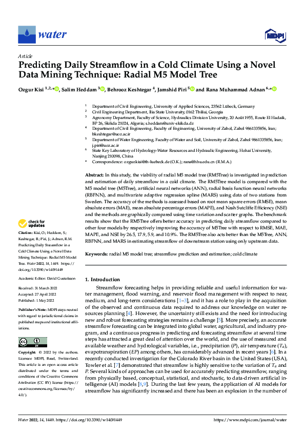 Pdf Predicting Daily Streamflow In A Cold Climate Using A Novel Data Mining Technique Radial