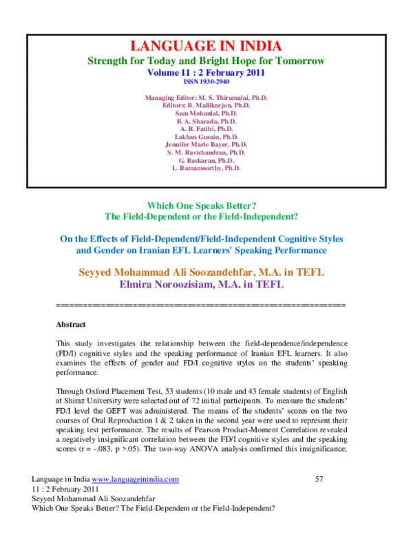(PDF) On the Effects of Field-Dependent/Field-Independent Cognitive ...
