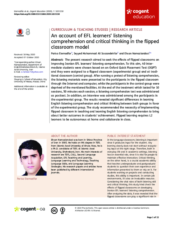 (PDF) An account of EFL learners’ listening comprehension and critical thinking in the flipped ...