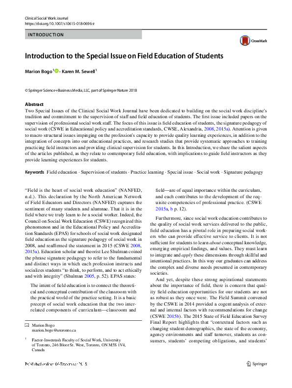 (PDF) Introduction to the Special Issue on Field Education of Students ...