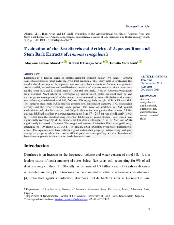 (PDF) Evaluation of the Antidiarrhoeal Activity of Aqueous Root and Stem Bark Extract of Annona ...
