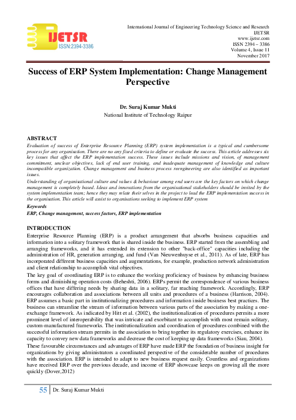 (PDF) Success of ERP System Implementation : Change Management Perspective