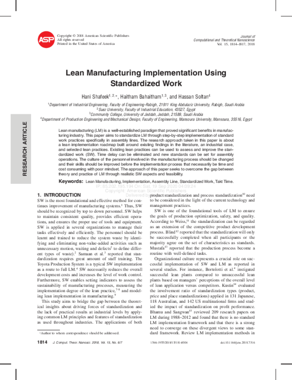 (PDF) Lean Manufacturing Implementation Using Standardized Work