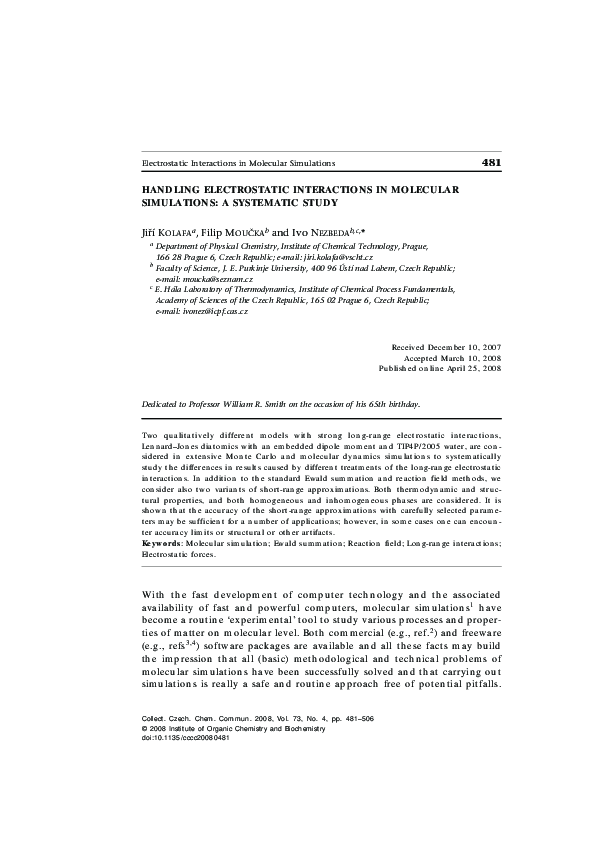 (PDF) Handling Electrostatic Interactions in Molecular Simulations: A Systematic Study